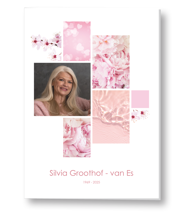 Rouwkaart met collage van afbeeldingen in roze kleuren en portret ...